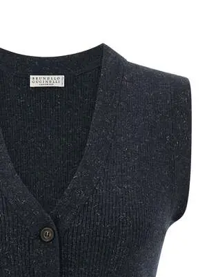Brunello Cucinelli Ribbed Cashmere Knit Vest With Lamé Thread - Blue