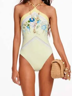 SELF-PORTRAIT Floral Print Halterneck One-piece Swimsuit