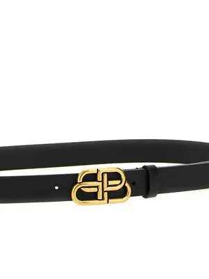 Balenciaga Bb Thin Leather Belt With Antiqued Gold Logo Buckle