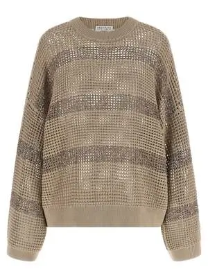 Brunello Cucinelli Cotton Mesh Sweater With Micro Sequin Inserts - Gray