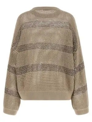 Brunello Cucinelli Cotton Mesh Sweater With Micro Sequin Inserts - Gray