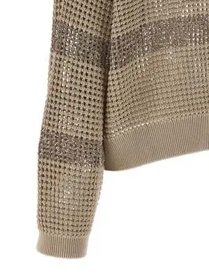 Brunello Cucinelli Cotton Mesh Sweater With Micro Sequin Inserts - Gray