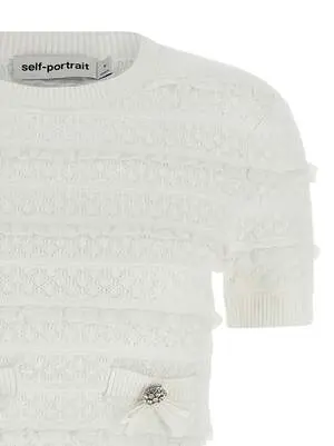 SELF-PORTRAIT Pointelle Knit Cropped Top With Jewel Buttons