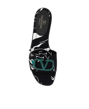 Valentino Garavani Pattern-printed Slip-on Sandals With Crystal Vlogo