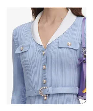 SELF-PORTRAIT Belted Ribbed-knit Dress With Contrasting Collar And Cuffs
