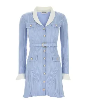 SELF-PORTRAIT Belted Ribbed Knit Mini Dress With Contrasting Collar