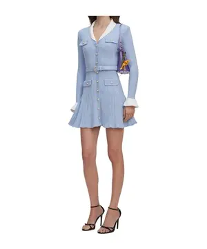 SELF-PORTRAIT Belted Ribbed Knit Mini Dress With Contrasting Collar