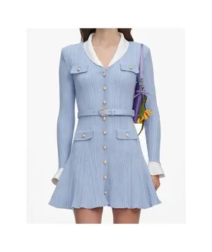 SELF-PORTRAIT Belted Ribbed Knit Mini Dress With Contrasting Collar