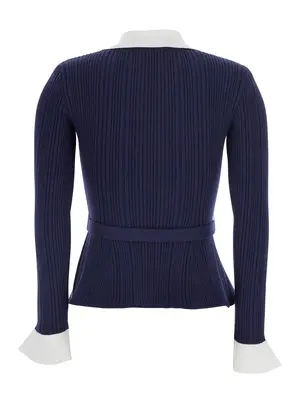 SELF-PORTRAIT Contrast-trim Belted Cardigan - Navy Blue