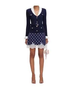 SELF-PORTRAIT Contrast-trim Belted Cardigan - Navy Blue