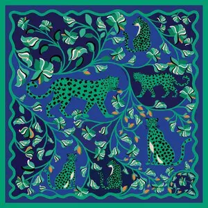 JESSIE ZHAO NEW YORK Double Sided Silk Scarf Of Leopards In The Verdant Wild Large - Blue