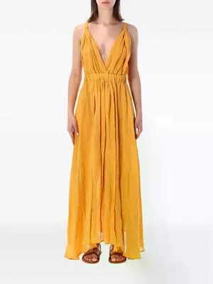 120% Lino V-neck Maxi Dress With Open Back And Front Slit - Orange