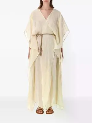 120% Lino V-neck Belted Kaftan - Yellow