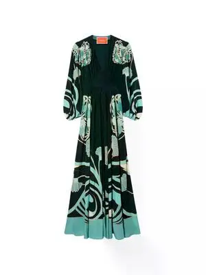 La DoubleJ Blooming Tulip Placed Dark Long Camerino Dress - Green