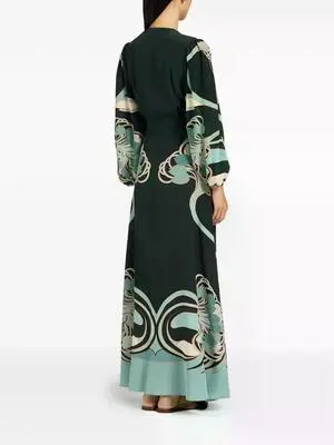 La DoubleJ Blooming Tulip Placed Dark Long Camerino Dress - Green