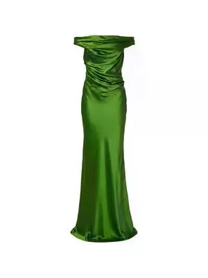 THE SEI Bardot Off-shoulder Draped Silk Maxi Dress - Green