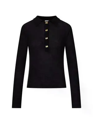 GANNI Ribbed Knit Polo Top - Black