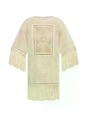 Zimmermann Fringe Trim Crochet Knit Mini Dress - Neutrals