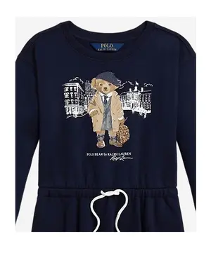 Ralph Lauren Long Sleeve Crewneck Dress With Drawstring Waist And Polo Bear Graphic