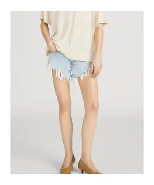 FRAME High Rise Distressed Frayed Denim Shorts - Blue
