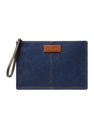 Fendi Medium Flat Pouch In Denim - Blue