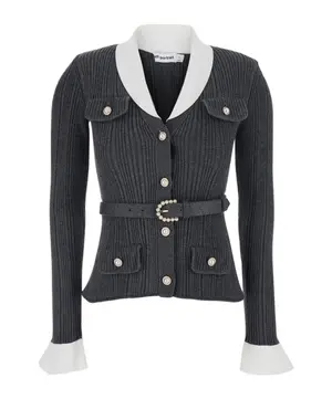 SELF-PORTRAIT Contrast Collar Belted Cardigan - Grey
