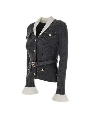 SELF-PORTRAIT Contrast Collar Belted Cardigan - Grey