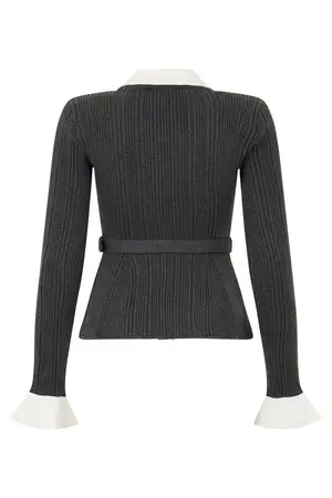 SELF-PORTRAIT Contrast Collar Belted Cardigan - Grey