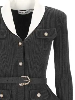 SELF-PORTRAIT Contrast Collar Belted Cardigan - Grey