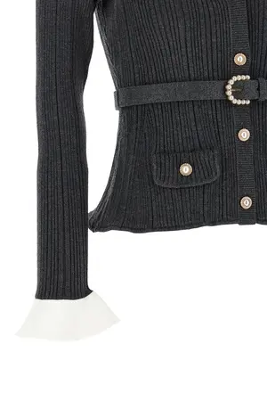 SELF-PORTRAIT Contrast Collar Belted Cardigan - Grey