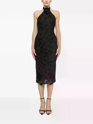 NISSA Flower Appliqué Midi Dress - Black