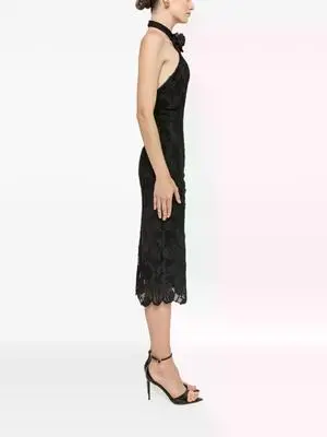 NISSA Flower Appliqué Midi Dress - Black