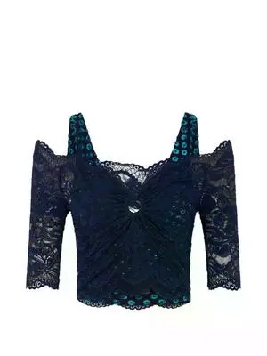 Rabanne Navy Floral Lace Embellished Velvet Top - Blue