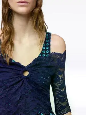 Rabanne Navy Floral Lace Embellished Velvet Top - Blue