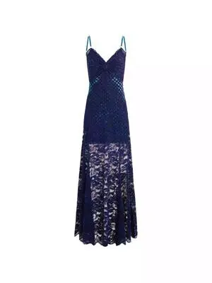 Rabanne Rabanne Navy Blue Lace Texture Floral Pattern V-Neck Dress Blue