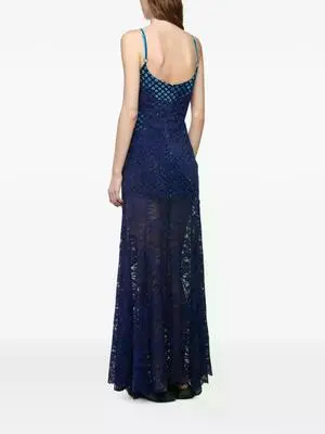 Rabanne Navy Lace Texture Floral Pattern V-neck Dress - Blue
