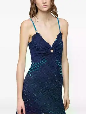 Rabanne Navy Lace Texture Floral Pattern V-neck Dress - Blue