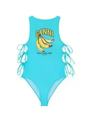 GANNI Banana Print Lace-up Swimsuit - Blue
