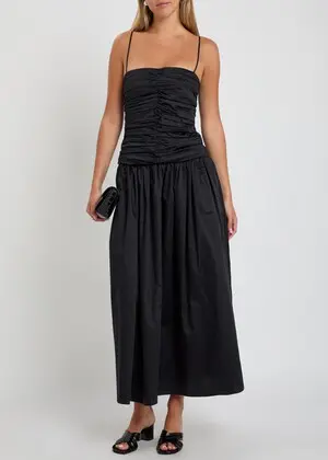 Tove Gathered Cotton Midi Dress - Black