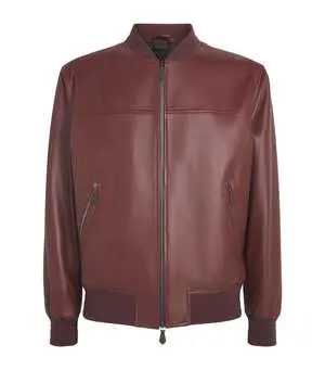 Isaia Lambskin Leather Bomber Jacket With Ribbed Edges