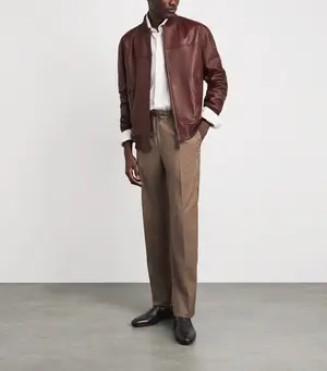Isaia Lambskin Leather Bomber Jacket With Ribbed Edges