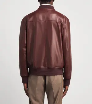 Isaia Lambskin Leather Bomber Jacket With Ribbed Edges