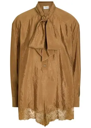 Saint Laurent Lace-trimmed Brushed Satin Playsuit - Caramel