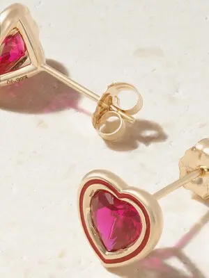 Alison Lou 14k Gold Ruby And Enamel Heart Stud Earrings