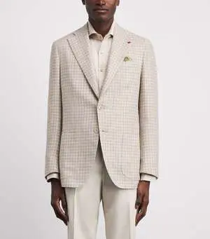 Isaia Linen-wool-silk Check Blazer - Beige