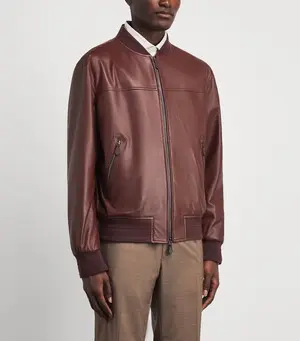 Isaia Lambskin Bomber Jacket With Ribbed Trim