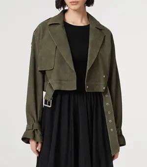 ALLSAINTS Ophelia Goat Suede Cropped Jacket With Belt - Green