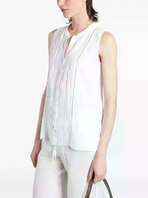 120% Lino Pintucked Open-knit Sleeveless Blouse - White