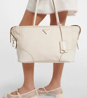 Prada Large Leather-trimmed Canvas Tote Bag - Beige