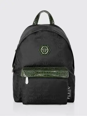 Philipp Plein Nylon Backpack With Jacquard Hexagon And Crocodile Print Leather - Black